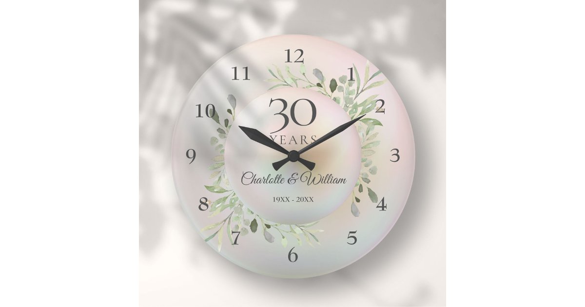 Beautiful Pearl 30th Anniversary Greenery Large Clock | Zazzle