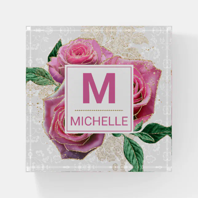 Beautiful Pink and Gold Glam Roses Monogram Paperweight | Zazzle