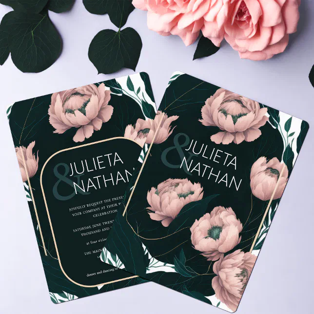 Beautiful Pink Emerald Peony Floral Wedding Invitation | Zazzle