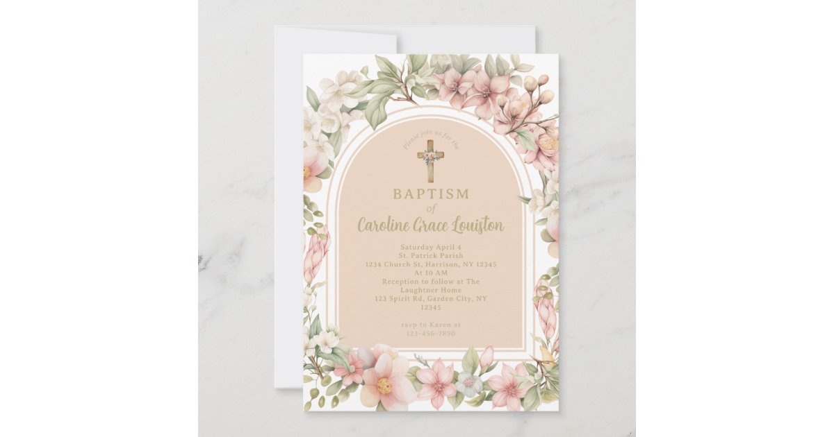 Beautiful Pink Evergreen Flower Catholic Baptism Invitation | Zazzle
