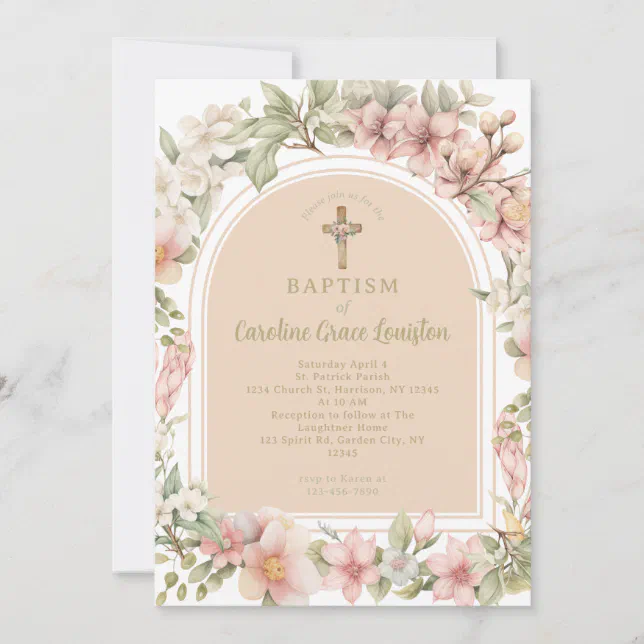 Beautiful Pink Evergreen Flower Catholic Baptism Invitation | Zazzle