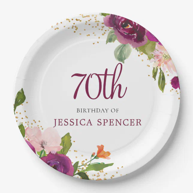 Beautiful Pink Floral 70th Birthday Party Paper Plates | Zazzle
