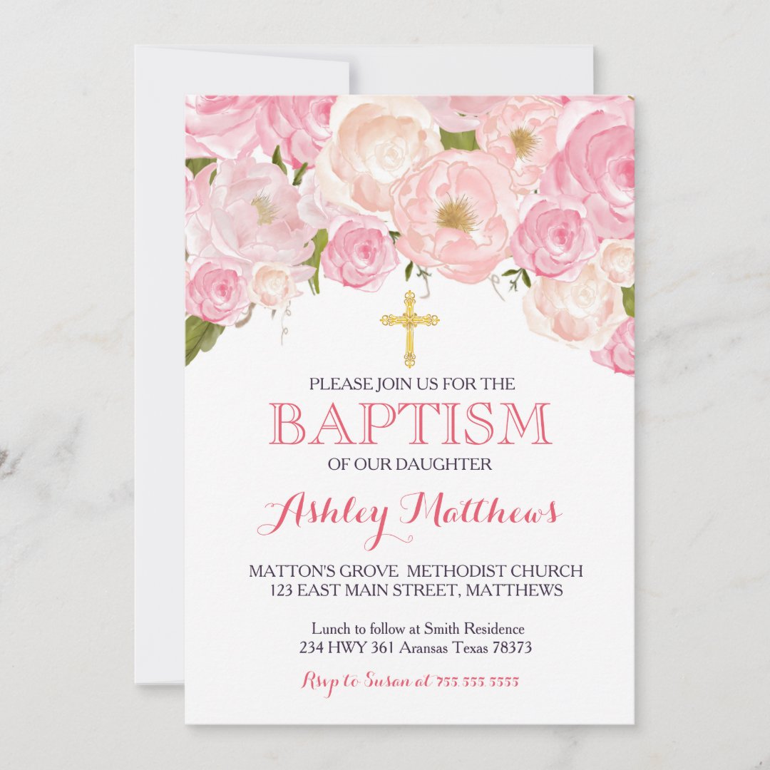 Beautiful Pink Floral BAPTISM Invitation | Zazzle