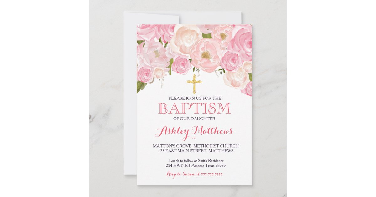 Beautiful Pink Floral BAPTISM Invitation | Zazzle