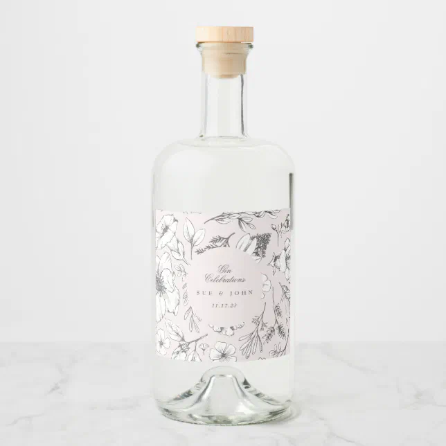 Beautiful Pink Floral Monogram Sketched Wedding Liquor Bottle Label ...