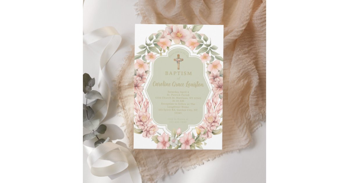Beautiful Pink Flower Catholic Baptism Invitation | Zazzle
