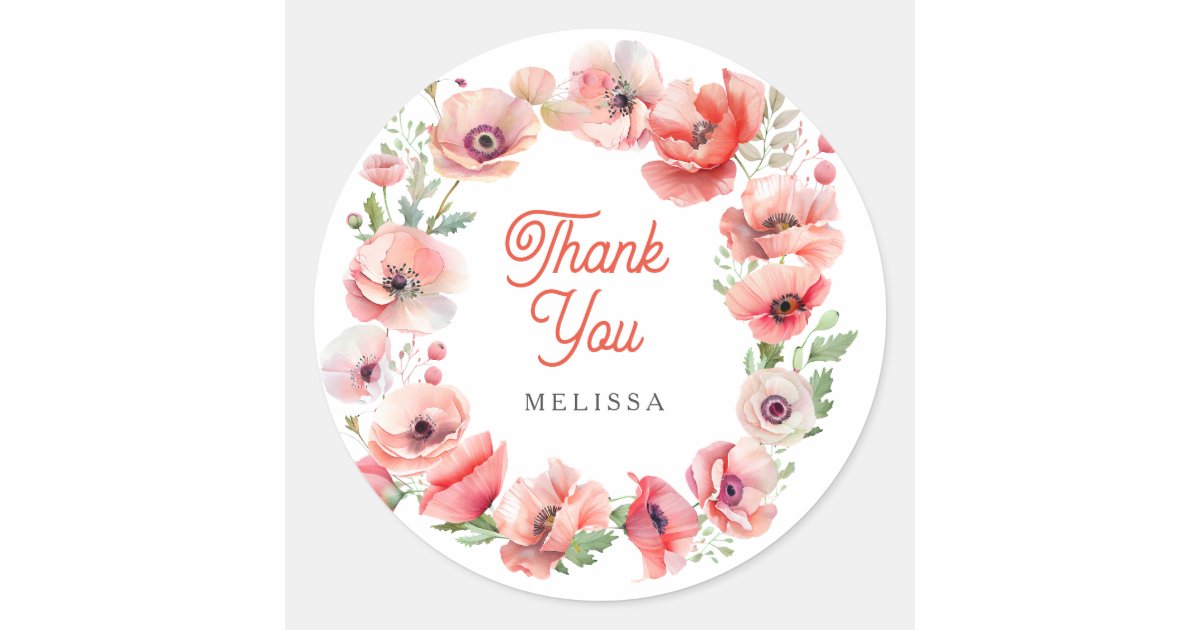 Beautiful Pink Poppy Thank You Classic Round Sticker | Zazzle