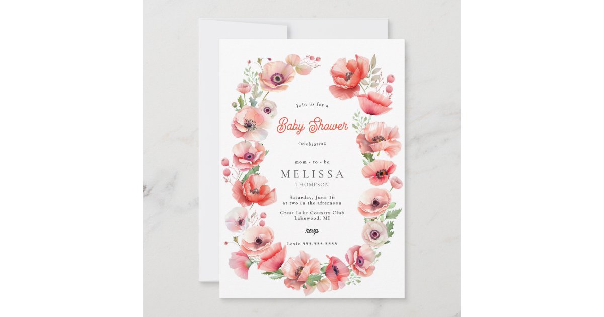 Beautiful Pink & Red Poppy Baby Shower Invitation | Zazzle