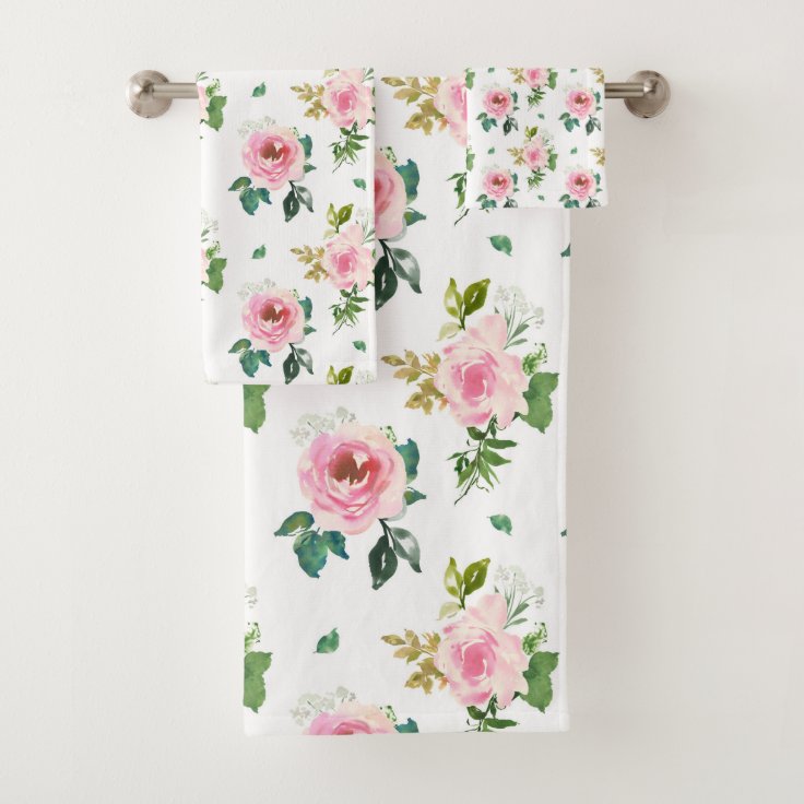 Beautiful Pink Roses Bath Towel Set | Zazzle