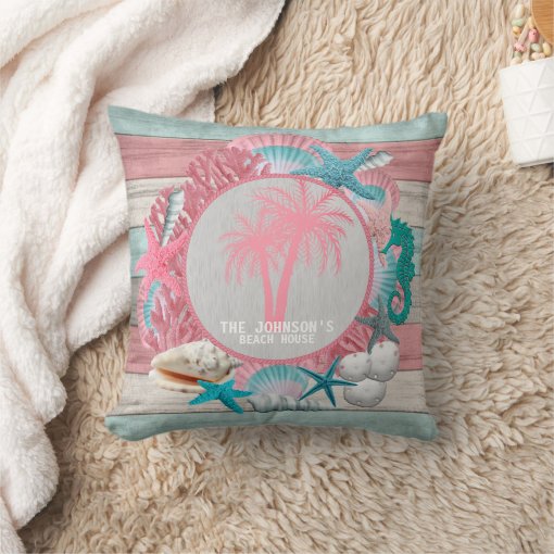 Beautiful Pink Seashell and Beach Design Throw Pillow | Zazzle