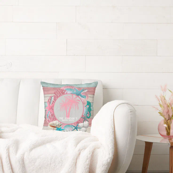 Beautiful Pink Seashell and Beach Design Throw Pillow | Zazzle