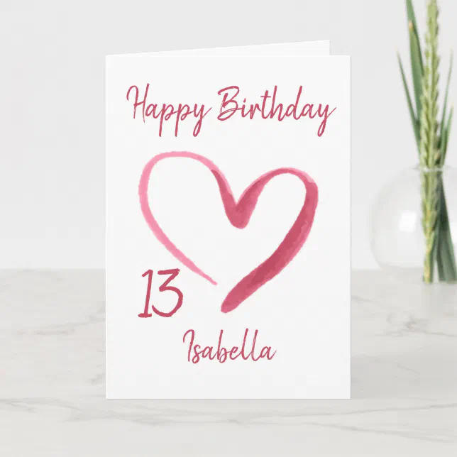 Beautiful Pink Watercolor Heart 13th Birthday Card | Zazzle