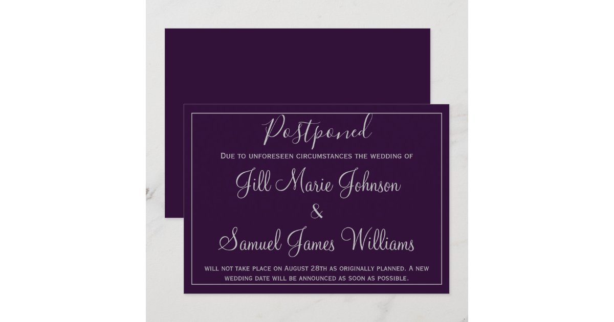 Beautiful Purple and Silver Wedding Postponed Invitation | Zazzle