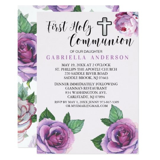 Beautiful Purple Roses First Holy Communion Invitation | Zazzle.com