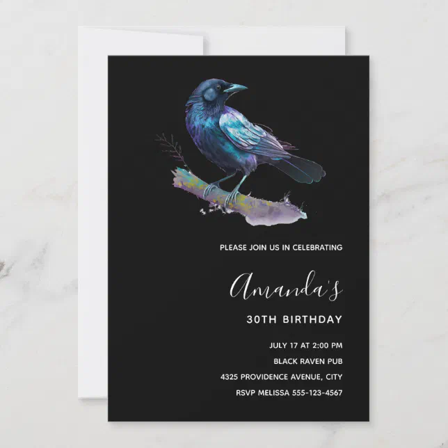 Beautiful Raven on a Tree Branch Birthday Invitation | Zazzle