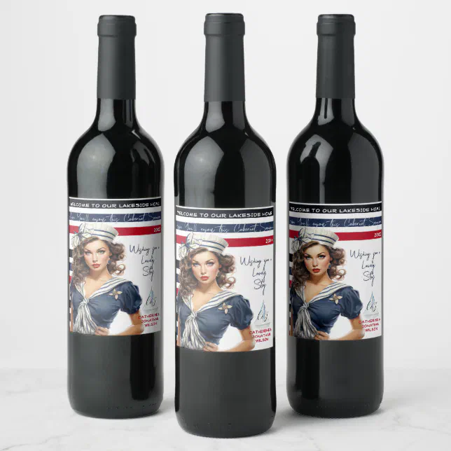Beautiful red blue Nautical pin-up girl custom Wine Label | Zazzle