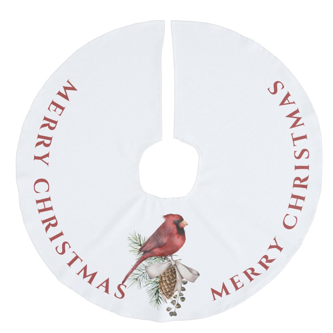 Beautiful Red Cardinal, Merry Christmas Faux Linen Tree Skirt | Zazzle