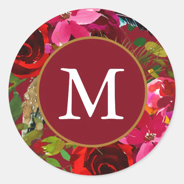 Beautiful Red Floral with Monogram Christmas Classic Round Sticker | Zazzle
