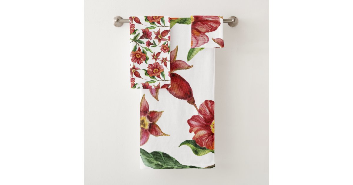 Beautiful Red Flowers Pattern Bath Towel Set | Zazzle