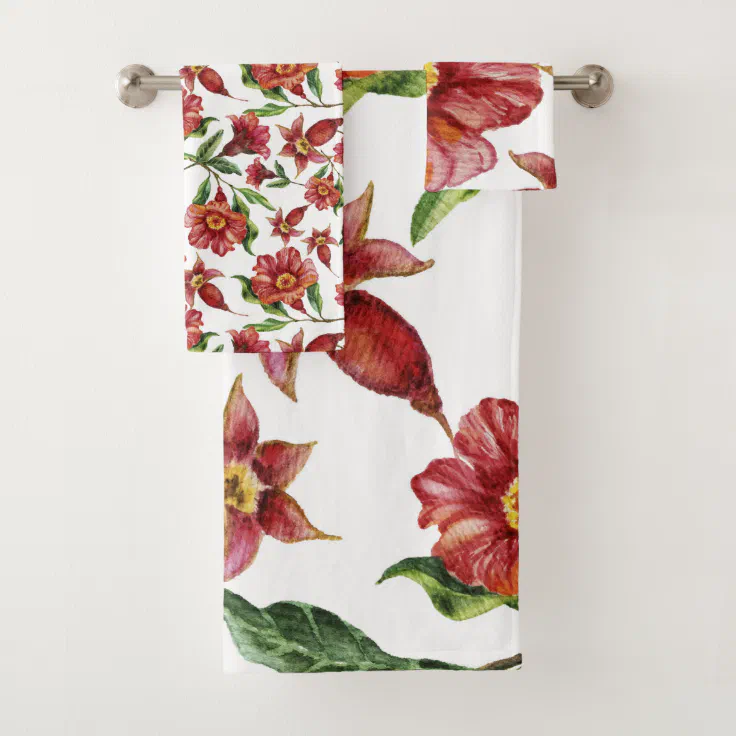 Beautiful Red Flowers Pattern Bath Towel Set | Zazzle