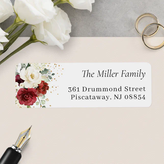 Beautiful Red Ivory White Floral Return Address Label | Zazzle
