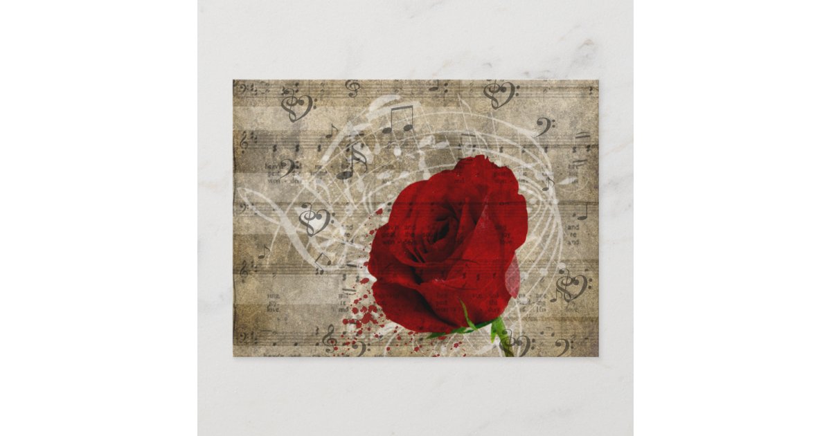 Beautiful red rose music notes swirl faded piano | Zazzle