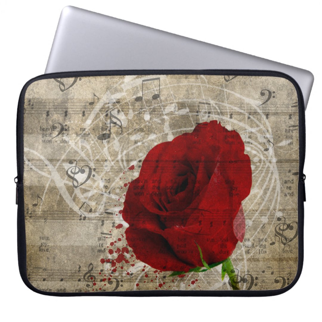 Beautiful red rose music notes swirl faded piano laptop sleeve | Zazzle