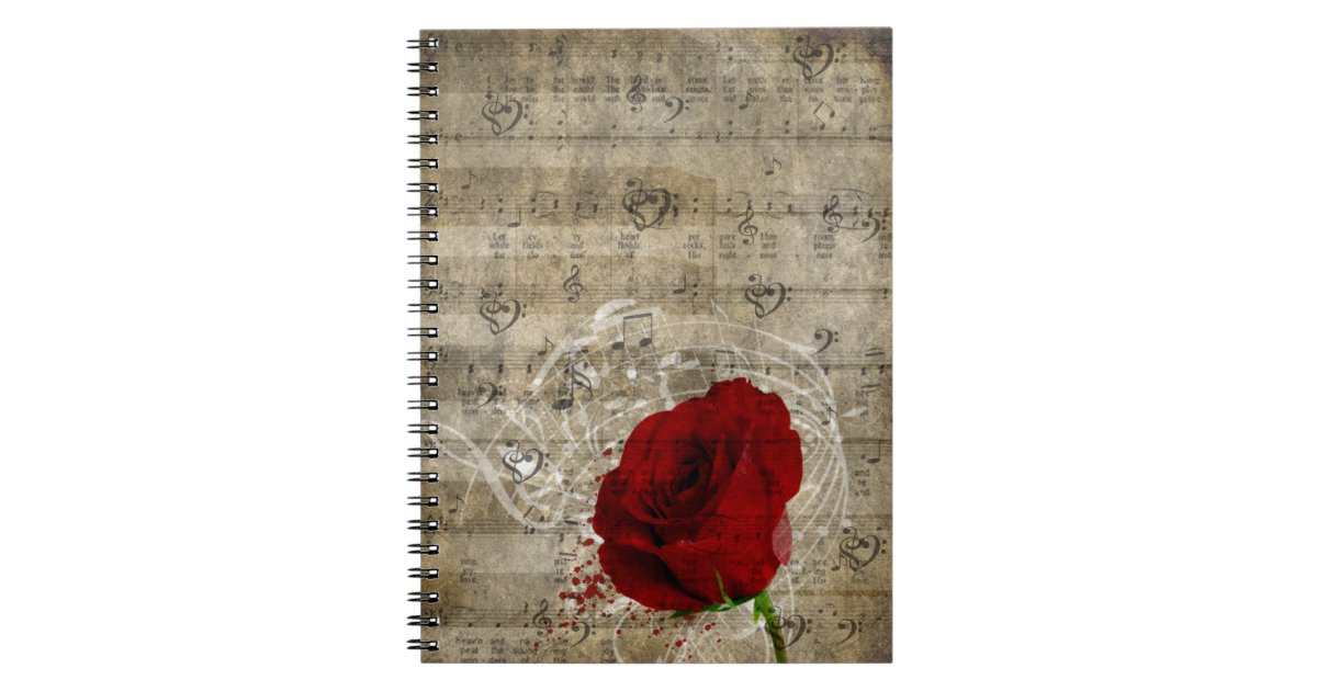Beautiful red rose music notes swirl faded piano notebook | Zazzle