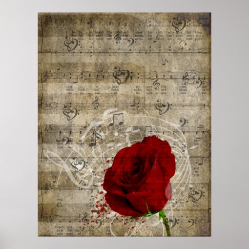 Beautiful red rose music notes swirl faded piano poster | Zazzle