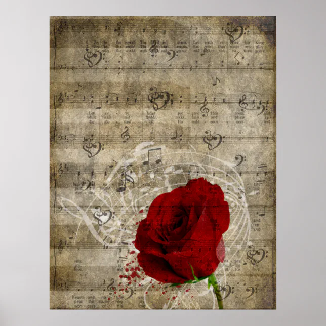 Beautiful red rose music notes swirl faded piano poster | Zazzle