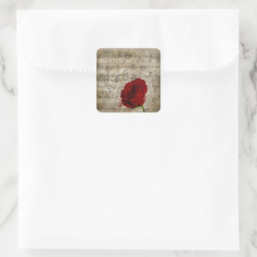 Beautiful red rose music notes swirl faded piano square sticker | Zazzle