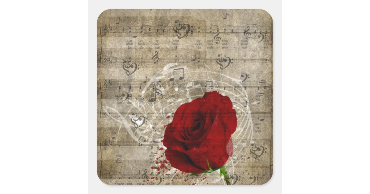 Beautiful red rose music notes swirl faded piano square sticker | Zazzle