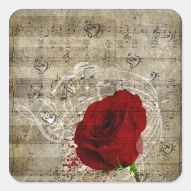 Beautiful red rose music notes swirl faded piano square sticker | Zazzle