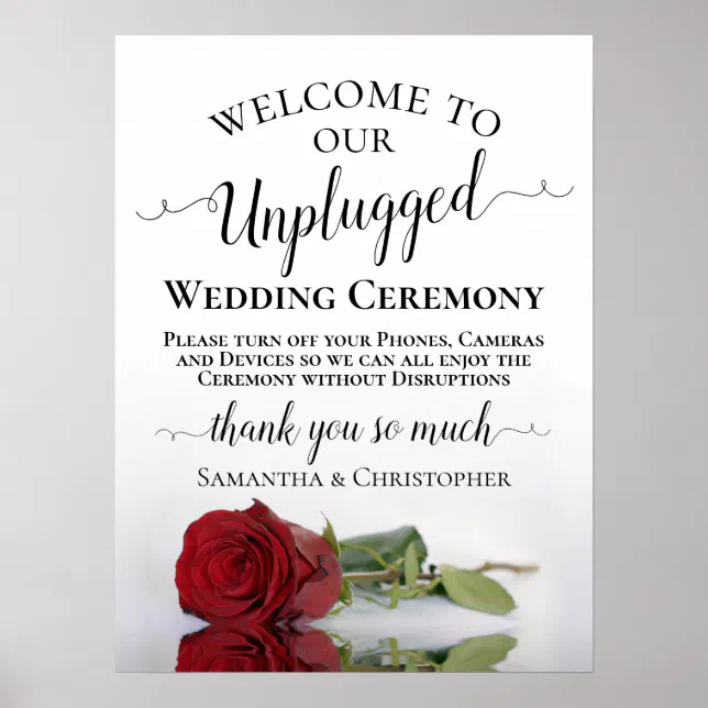 Beautiful Red Rose Unplugged Wedding Ceremony Poster | Zazzle
