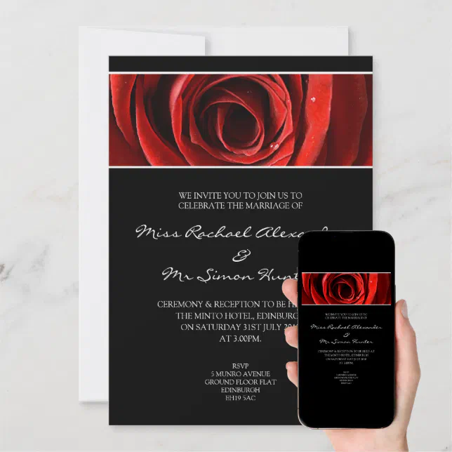 Beautiful Red Rose Wedding Invitiation- Black Invitation | Zazzle