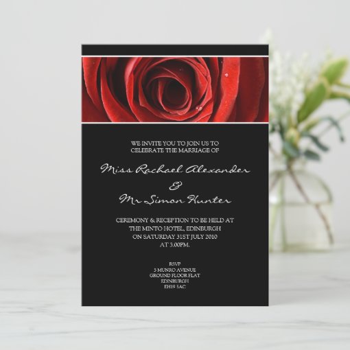 Beautiful Red Rose Wedding Invitiation- Black Invitation | Zazzle