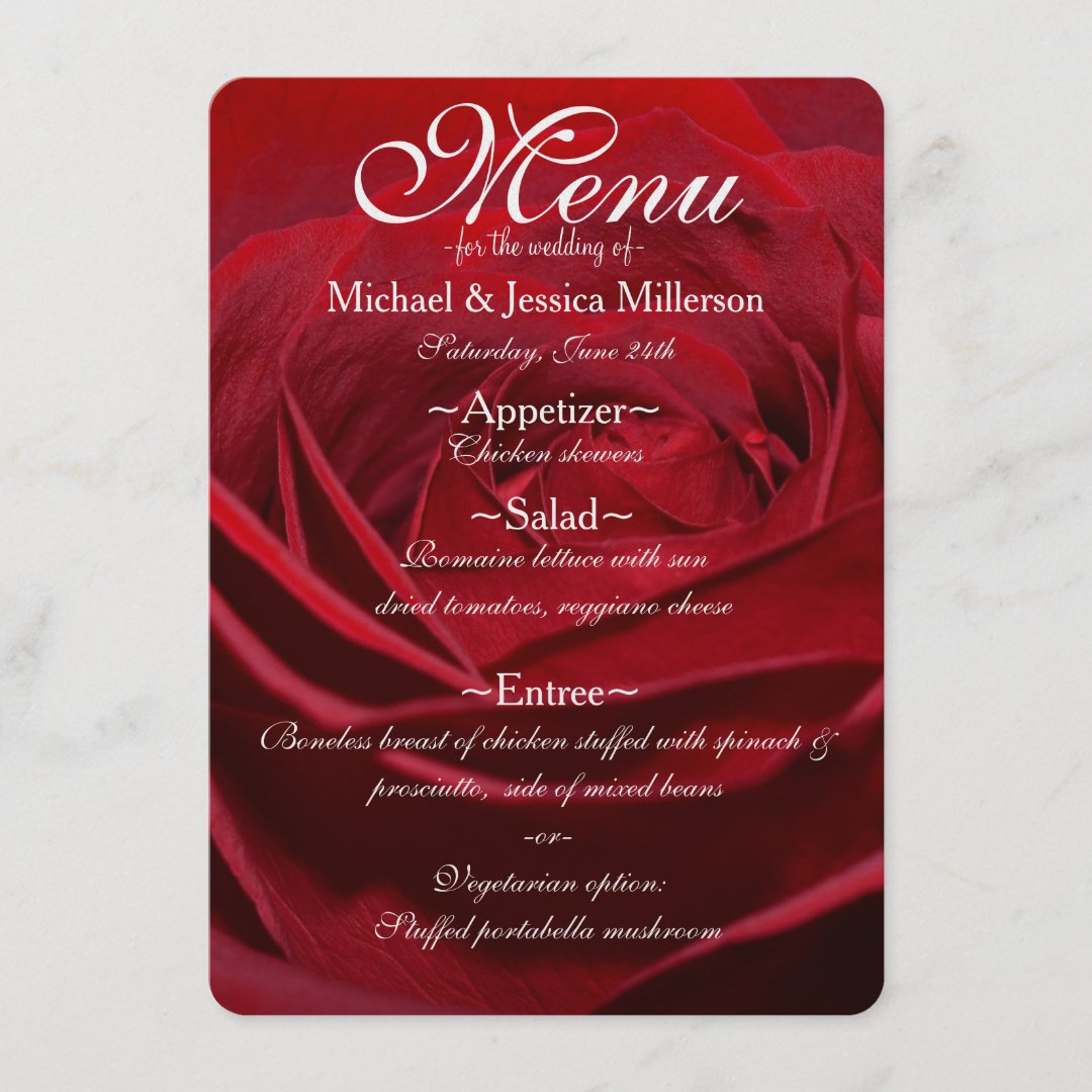 Beautiful Red Rose Wedding Menu | Zazzle