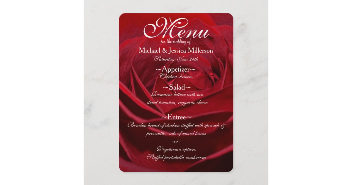 Beautiful Red Rose Wedding Menu | Zazzle