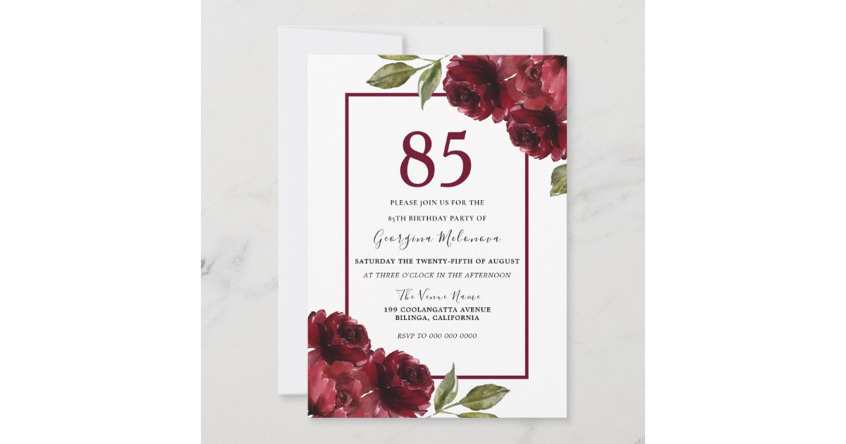 Beautiful Red Roses Elegant 85th Birthday Party Invitation | Zazzle