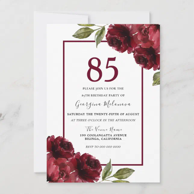 Beautiful Red Roses Elegant 85th Birthday Party Invitation | Zazzle