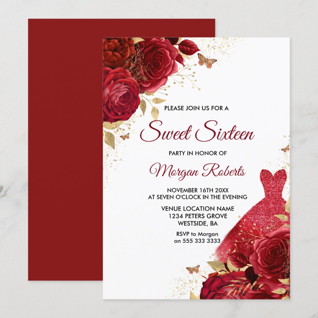 Beautiful Red Roses Sparkle Dress Sweet 16 Invitation | Zazzle