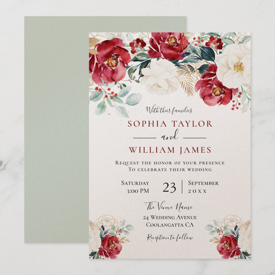 Beautiful Red White Green Floral Wedding Invitation | Zazzle