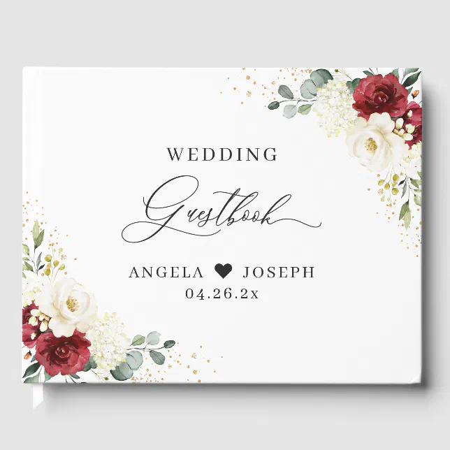 Beautiful Red White Rose Floral Wedding Guest Book | Zazzle