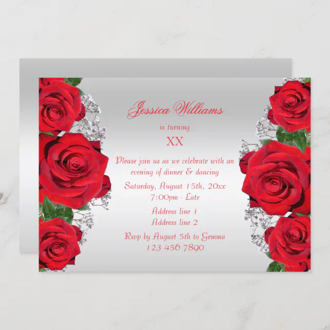 Beautiful Romantic Red Roses Birthday Invitation | Zazzle