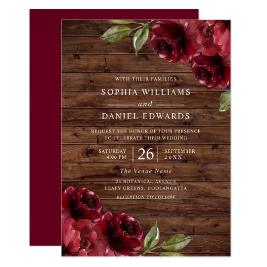 Beautiful Rustic Burgundy Red Flowers Wedding Invitation | Zazzle.com