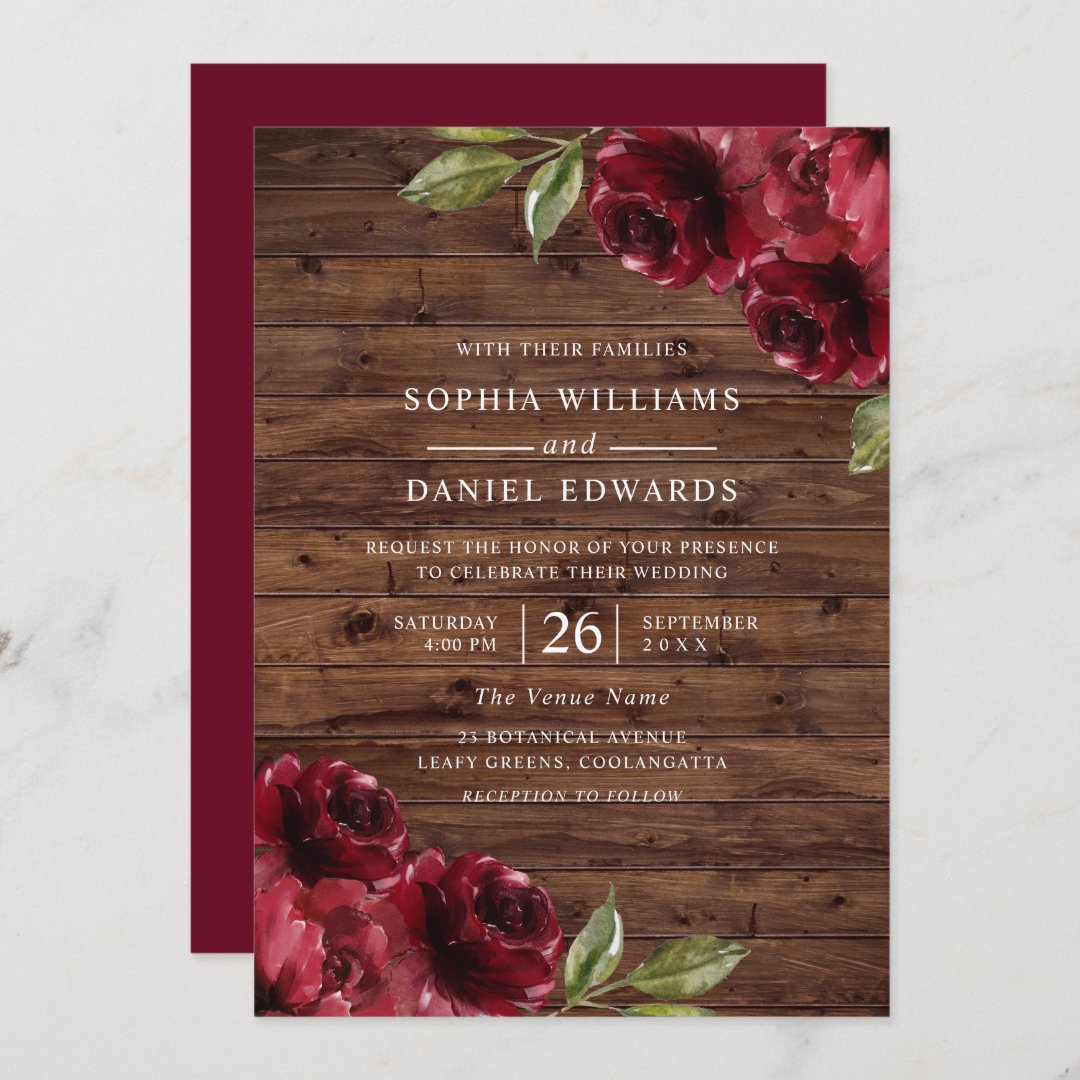 Beautiful Rustic Burgundy Red Flowers Wedding Invitation | Zazzle