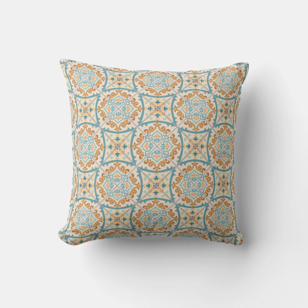 Beautiful rustic retro moroccan brown blue pattern throw pillow | Zazzle