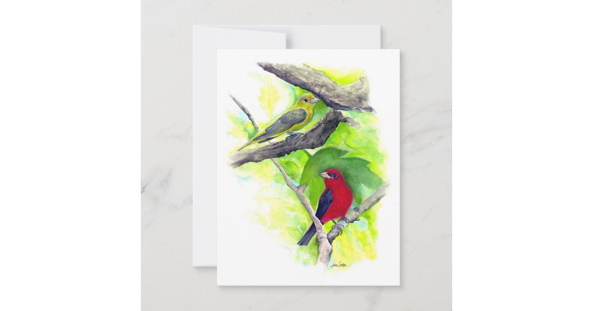 Beautiful Scarlet Tanager Couple Note Card | Zazzle