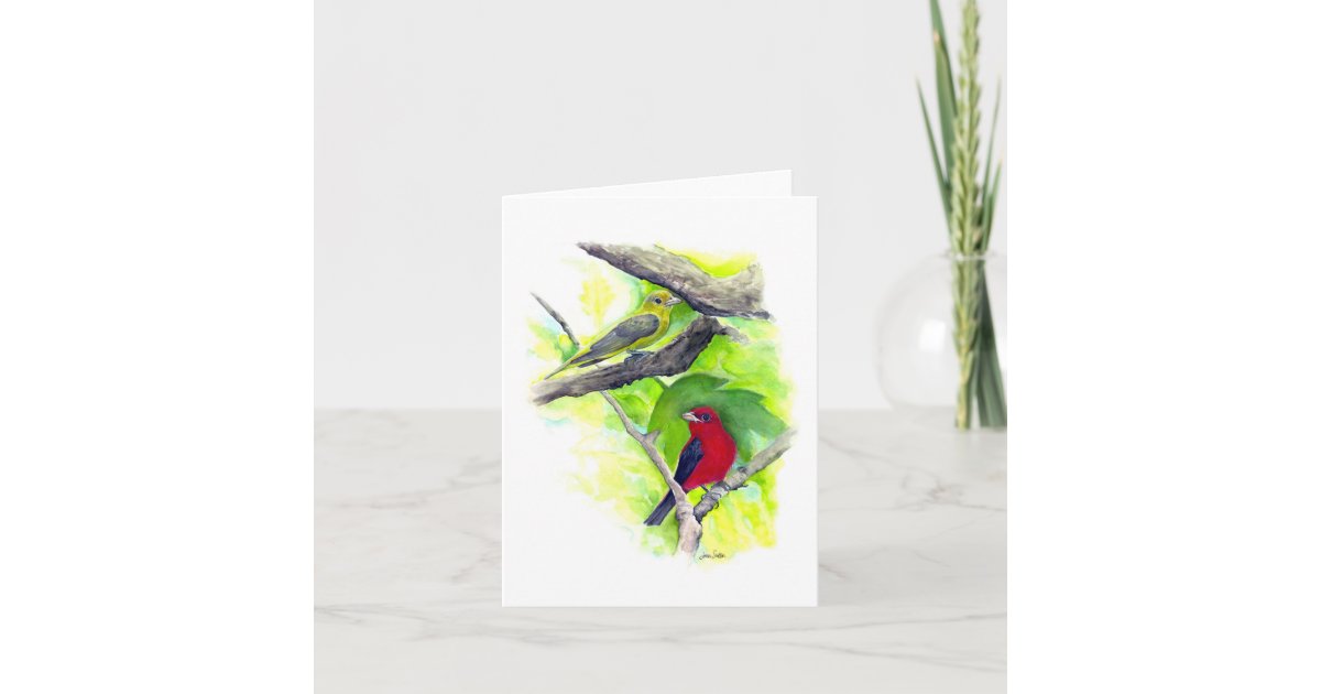 Beautiful Scarlet Tanager Couple Note Card | Zazzle