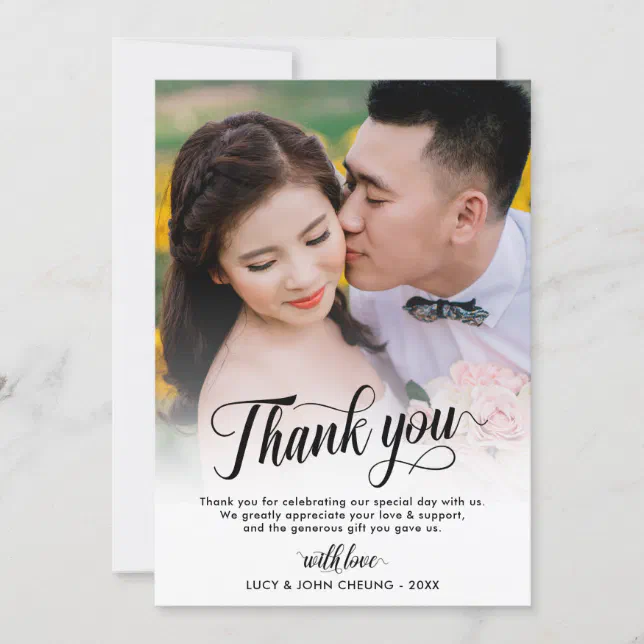 Beautiful Script Photo Wedding Thank You Card | Zazzle